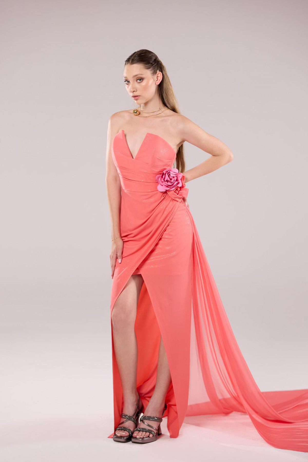 Degz Kadın Straplez Derin V Yaka Uzun Abiye Elbise 55499-02 Karides ...