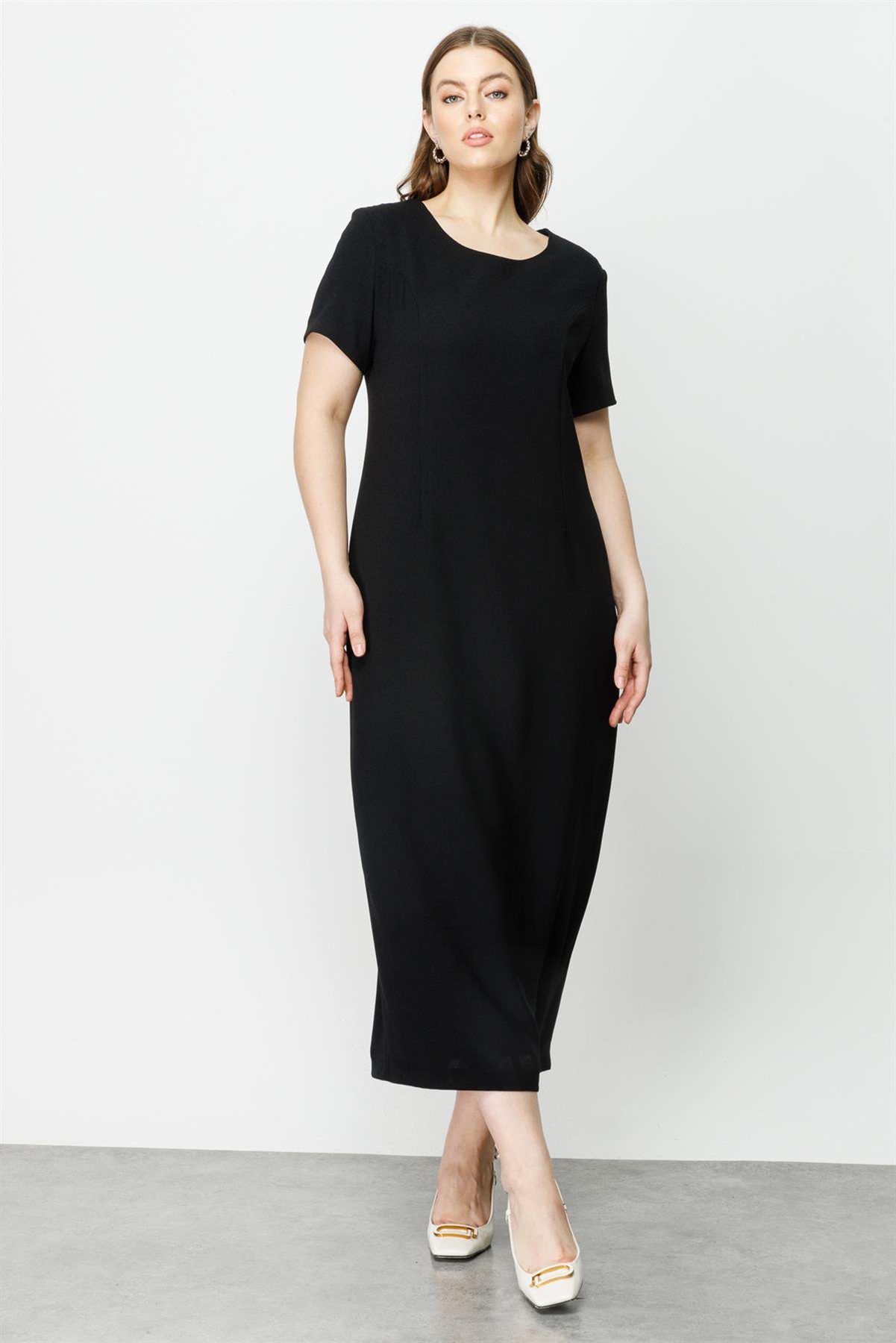 Moda İlgi Kadın Büyük Beden Kısa Kollu Uzun Elbise 8002 Siyah | modacadiri